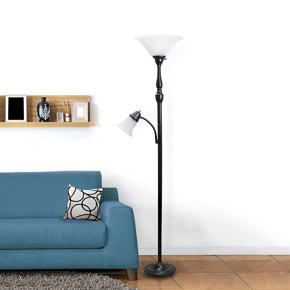 Elegant Designs LF2003-RBZ 2 Light Mother Daughter Floor Lamp with White Marble Glass,Restoration Bronze