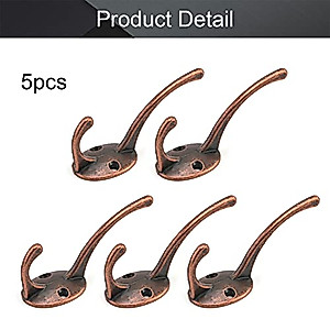 MroMax Dual Prong Coat Hooks Wall Mounted Retro Double Hooks Utility Hook for Coat Scarf Bag Towel Key Cap Cup Hat 3.43" x 1.81"(L x H), Red Copper Tone 5pcs