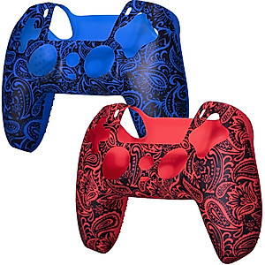 9CDeer 2 Pieces of Silicone Transfer Print Protective Cover Skin + 10 Thumb Grips for Playstation 5 / PS5 Controller Foliage Red & Blue