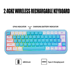 7KEYS 60% 2.4G Wireless Gaming Keyboard with Wrist Rest, Compact 63 Keys Mini RGB Light up Keyboard for PC Mac Laptop, Portable, Rechargeable Suit for Typing and Gaming(White&Blue)