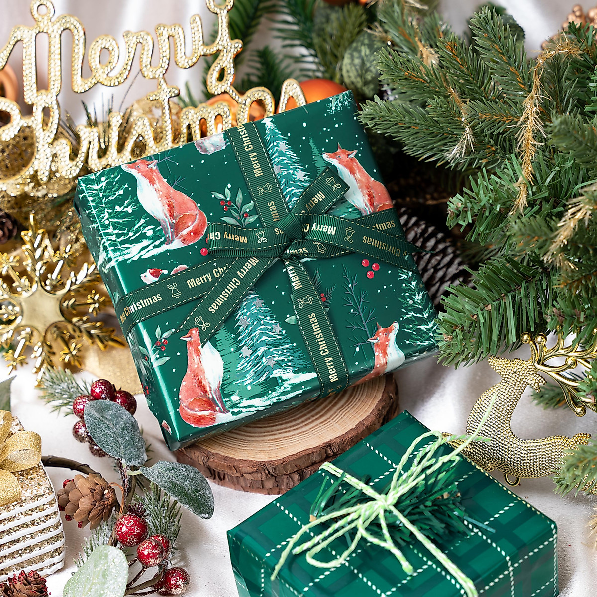 LeZakaa Christmas Green Wrapping Paper Roll - Mini Roll - Fox, Squirrel, Reindeer & Chrismas Tree, Green Plaid for Christmas Holiday Party - 17 x 120 inches - 3 Rolls (42.5 sq.ft.ttl.)