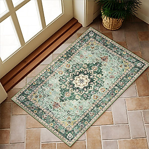 Sungea Indoor Door Mats for Entryway 2x3,Washable Non Slip Bathroom Rugs Vintage Rug Distressed Print Oriental Kitchen Rug,Small Area Rug Lightweight Throw Rugs for Bedroom(Green)