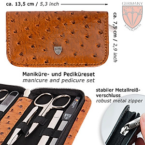 3 Swords Germany - brand quality 8 piece manicure pedicure grooming kit set synthetic leather case ostrich cognac - Made in Germany