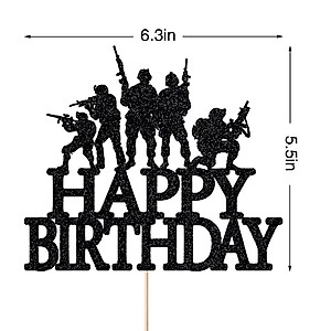 Naicaek Black Glitter Happy Birthday Cake Topper，Soldier Military Theme Happy Birthday Cake Topper，Retirement Military Party Military Themed for Kids Boys Men Birthday Party Supplies (1)