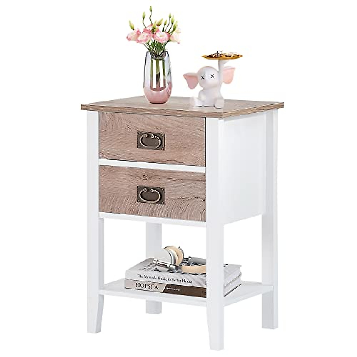 VECELO Nightstands End/Side Tables for Living Room Bedroom Bedside Storage, Vintage Accent Furniture Small Space, Solid Wood Legs, Two Drawers, White & Oak