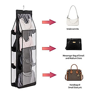 MouJkmer 1 Pack Hanging Purse Organizer, 8 Pocket Handbag Hanging Purse Organizer with 360 Degree Swivel Hook for Home Closet, Bedroom Closet, 43.3” L x 13.38” W (Black)