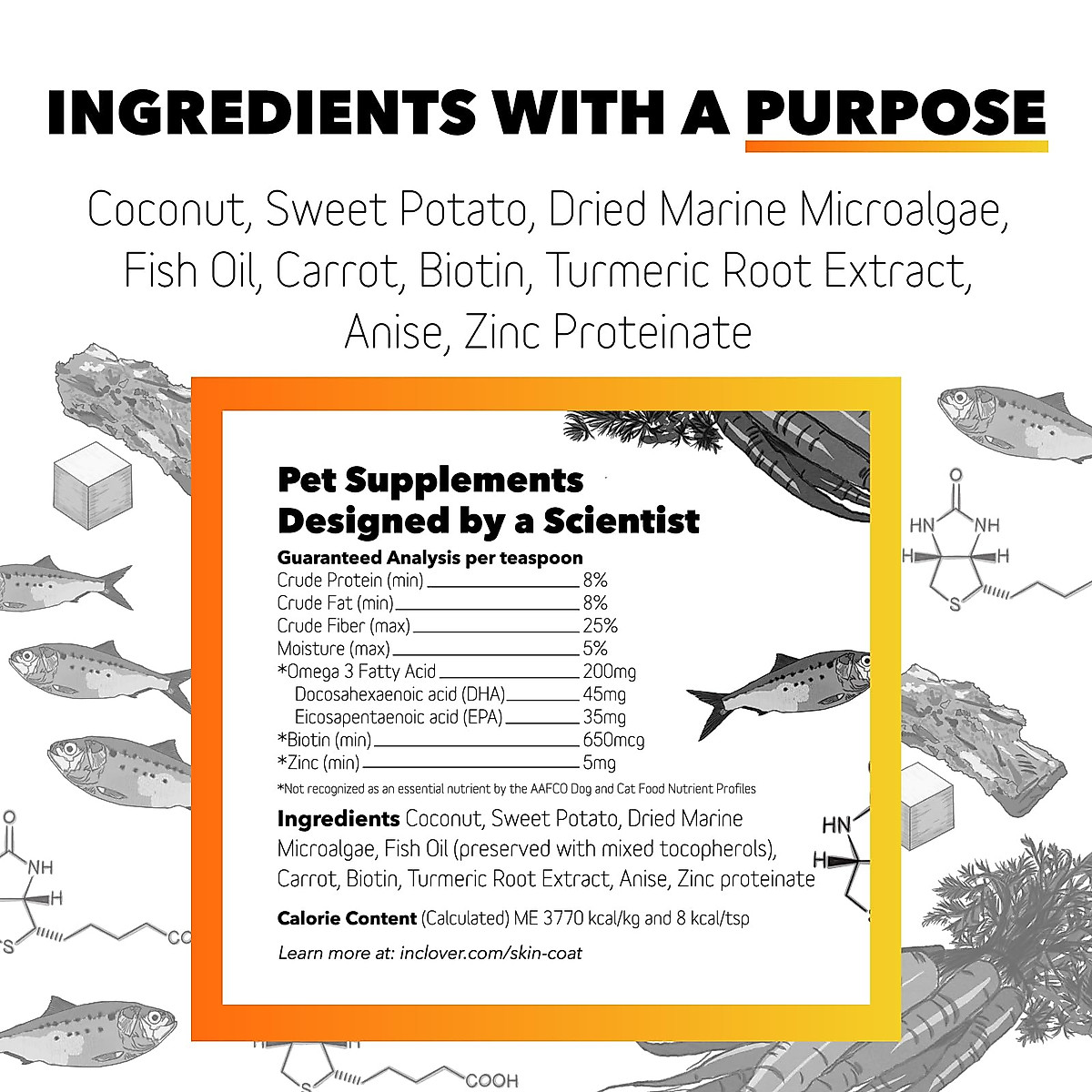 In Clover Dog Skin and Coat Supplement, BioRadiant Natural Supplement for Dogs, Healthy Skin and Coat Supplement, Fish Oil Alternative Uses Carrots, Coconut, Omega 3's, Biotin and Zinc Soothe Skin