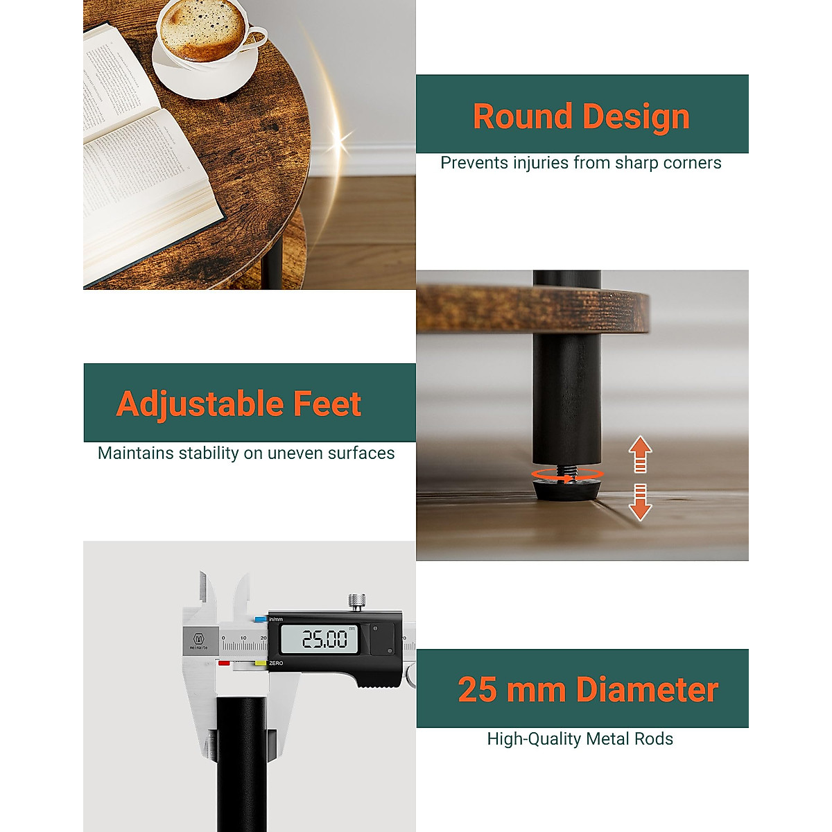 RISWER Round Side Table Living Room - Small Accent Table with 3 Tier Shelves, Rustic Wooden Couch End Table for Bedroom or Living Room, Reinforced Metal Legs, Easy to Assemble, Rustic Brown