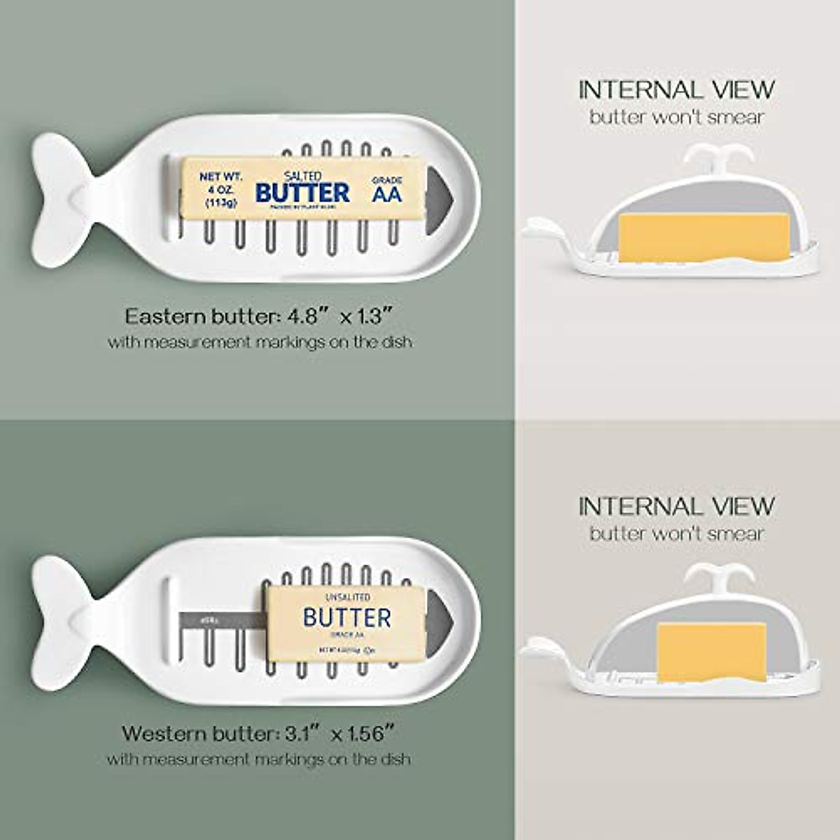 DOWAN Porcelain Butter Dish With Cutting Measuring Line, Large Whale Butter Dish with Cover of Non-slip Design, Ceramic Butter Dishes with Handle for East/West Coast Butter, White