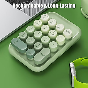 TISHLED Typewriter Style Number Keypad Wireless 2.4G/Bluetooth/USB-C Wired Rechargeable Numeric Pad Linear Membrane Switch 18-Key NKRO Retro Round Keycaps Portable for Multi-Device, Matcha Green