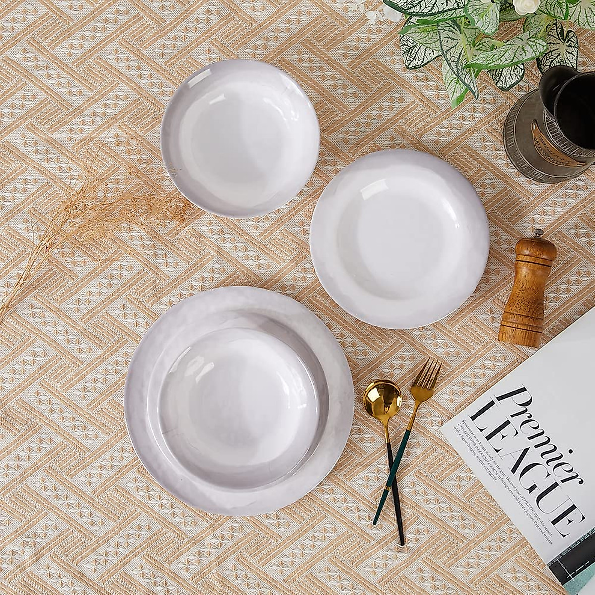 Melamine Dinnerware Sets- 12pcs Melamine Plates and Bowls Set for 4, Suitable for Indoor and Outdoor Use，Grey