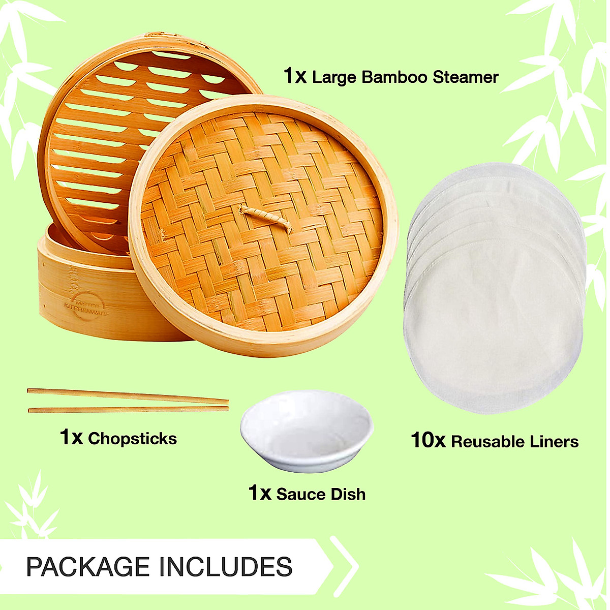 Mister Kitchenware 10 Inch Handmade Bamboo Steamer, 2 Tier Baskets, Healthy Cooking for Vegetables, Dim Sum Dumplings, Buns, Chicken Fish & Meat Included Chopsticks, 10 Liners & Sauce Dish