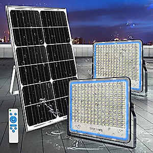 Gebosun 2-Pack 300W LED Solar Flood Light, Remote Controlled, Dusk to Dawn, 24,000Lumen, 6000K, IP67 Waterproof, Wall-Mounted & Pole-Mounted, Perfect for Barn, Warehouse, Backyard and Garden