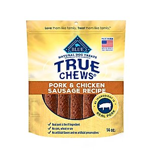 Blue Buffalo True Chews Dog Treats, Made in the USA with Natural Ingredients, Pork and Chicken Sausage Recipe, 14-oz Bag