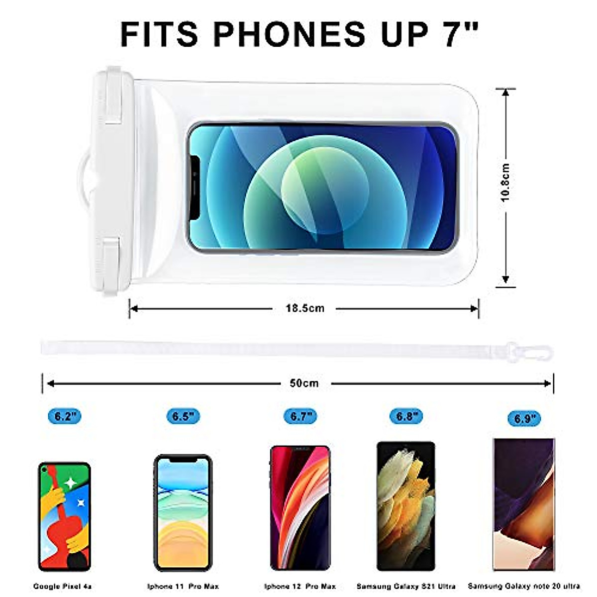 AINOYA Universal Waterproof Case 2 Pack, IPX8 Waterproof Phone Pouch Compatible with iPhone 12 Pro Max/Galaxy s21 Ultra/Pixel 5a /oneplus 9 pro up to 7" (White)