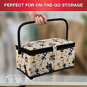 SINGER Sewing Basket with Sewing Kit, Needles, Thread, Scissors, and Notions (Plaid Forms Print)
