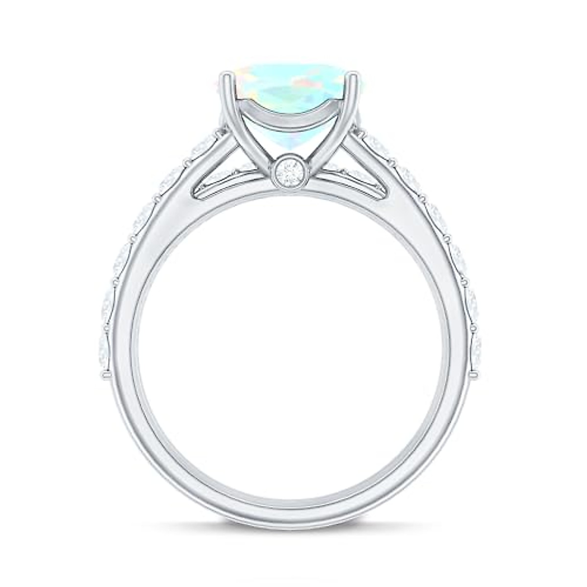 Certified Opal Wedding Ring Set, AAA Quality, Natural 8mm Cushion Cut Opal Engagement Ring with Moissanite Enhancer, 14K White Gold, Size:US 7.50