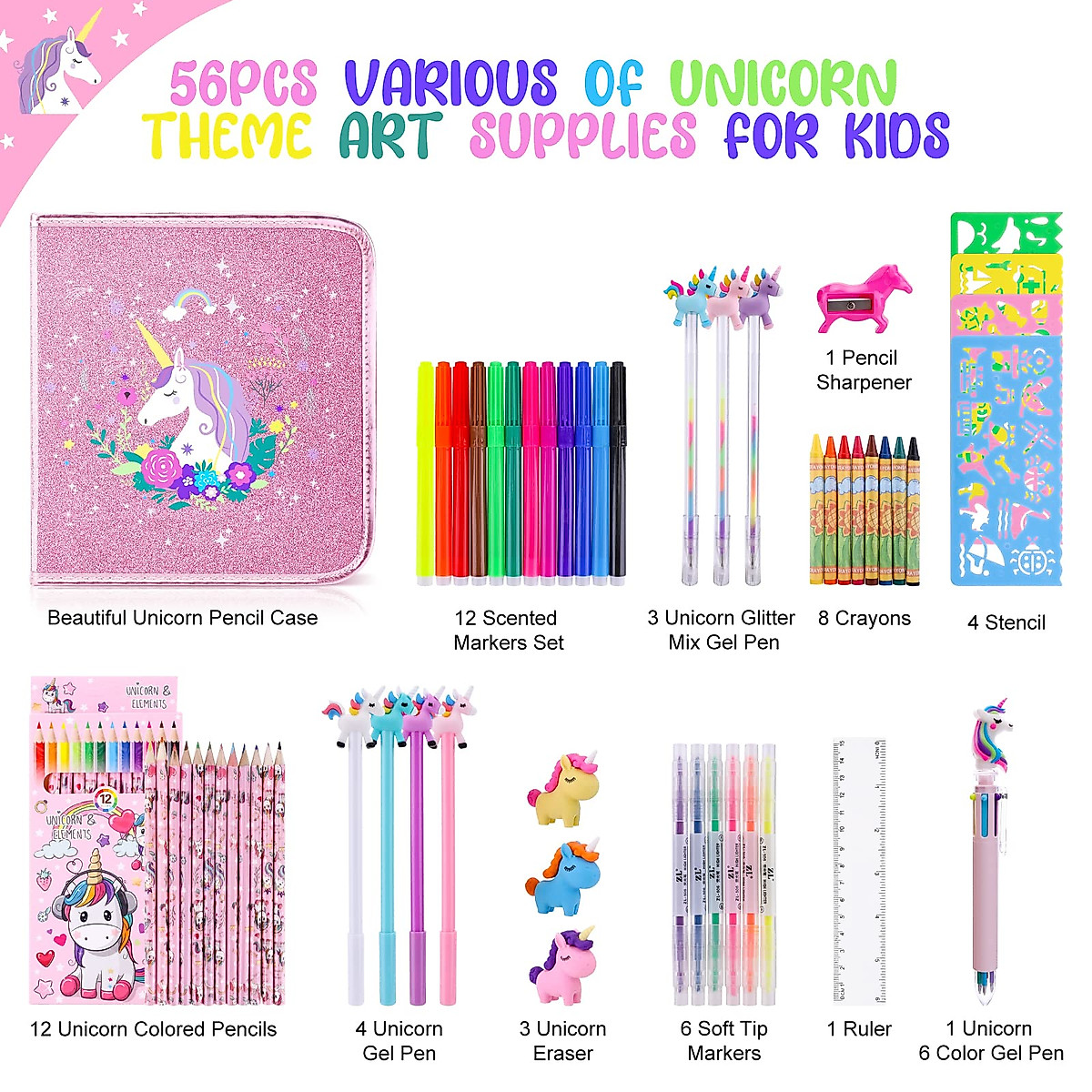 56 Pc Fruit Scented Marker Set with Glitter Unicorn Case, Art Supplies Kit for Kids Ages 4-8