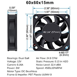 GDSTIME Dual Ball Bearing 60mm x 60mmx 15mm 12V High Speed DC Brushless Cooling Fan