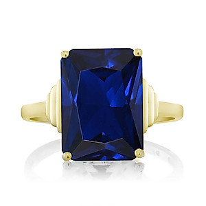 Gem Stone King 18K Yellow Gold Plated Silver Blue Created Sapphire Ring For Women (10.00 Cttw, Emerald Cut 14X10MM, Gemstone September Birthstone, Available In Size 5, 6, 7, 8, 9)