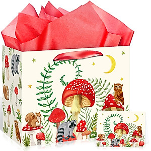 Mushroom Gift Bag for Mushroom Party Decoration Mushroom Birthday Gift Bag with Tissue Papers and Card Mushroom Themed Wrapping Bags Squirrel Owl for Boys Girls Jungle Party Favor Bags Baby Shower