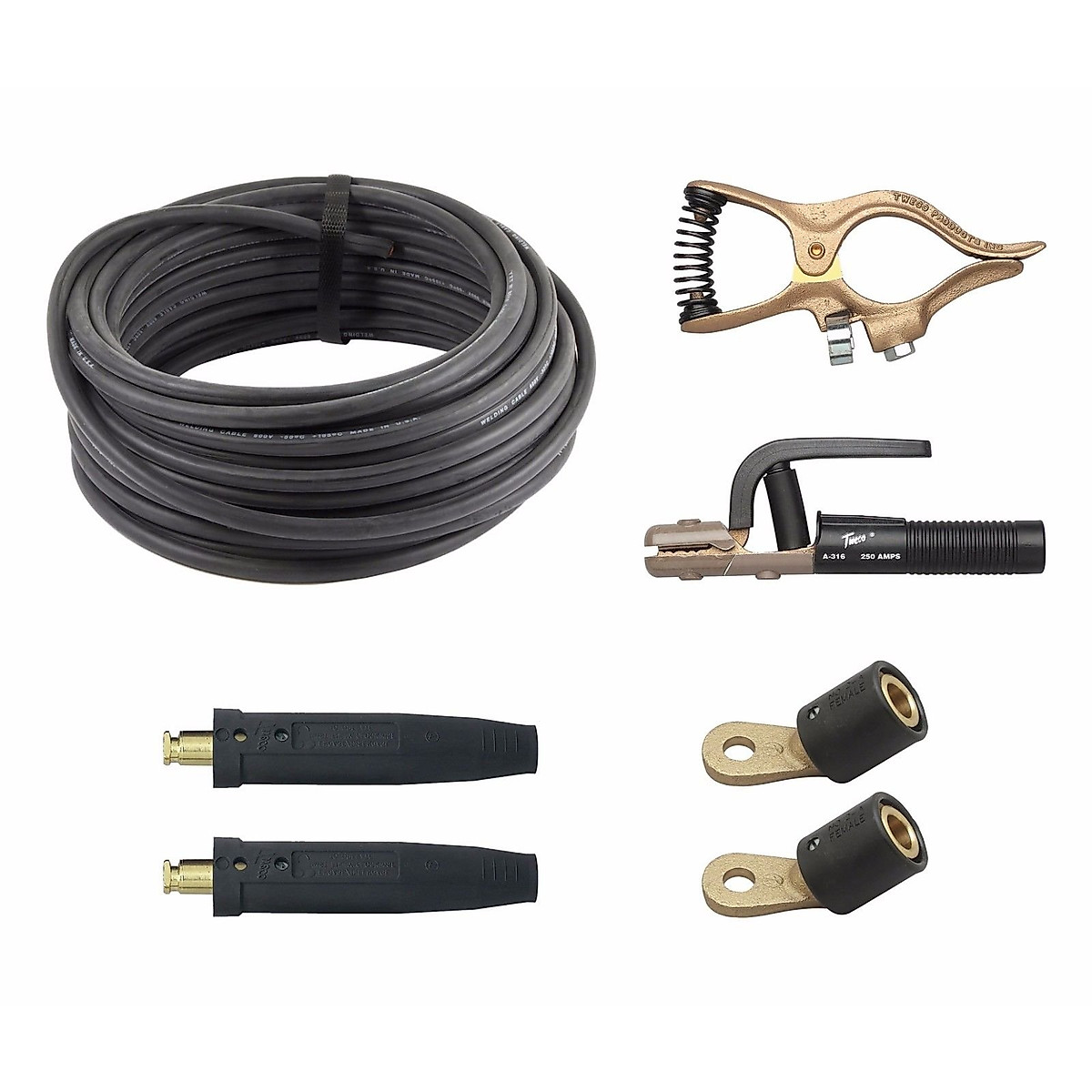 Welding Lead Package, 100' - 1/0 Cable, Electrode Holder, Ground Clamp, Lugs Set (1-A316, 1-GC300, 2-2AF, 1set- 2MPC1, 100ft-1/0)