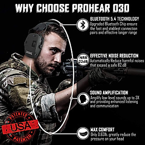 PROHEAR 030 Bluetooth 5.4 Electronic Shooting Ear Protection Earmuffs, Noise Reduction Sound Amplification Hearing Protector for Gun Range and Hunting