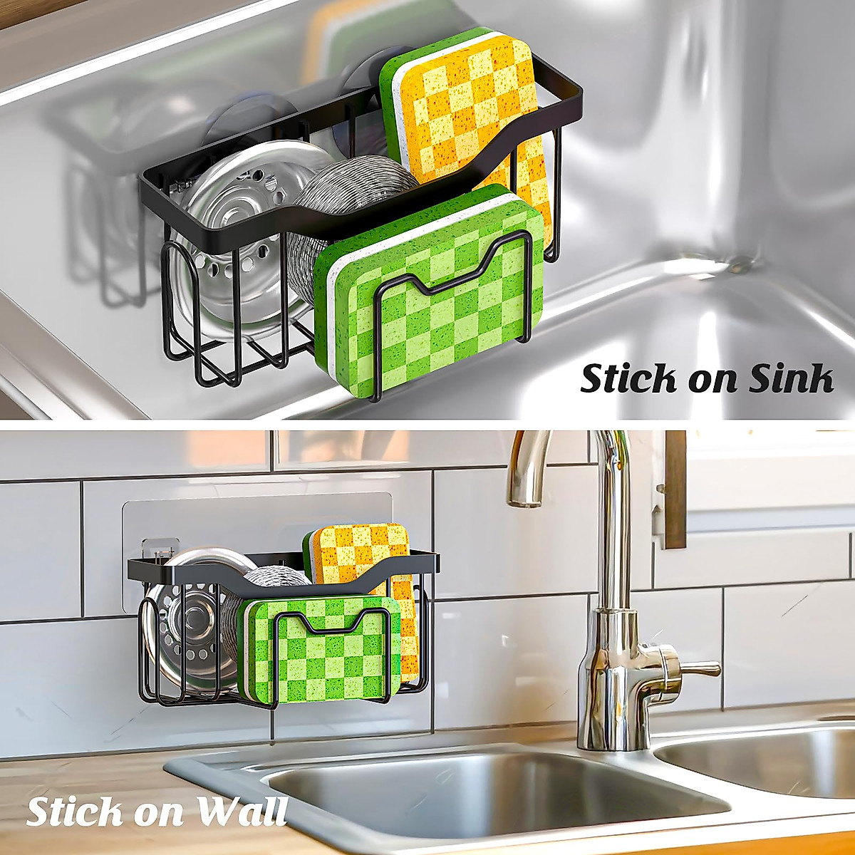 Utobao Sponge Holder for Kitchen Sink, Kitchen Sink Caddy Organizer for Dish Soap Scrub Brush Sink Stopper, in Sink Basket SUS304 Stainless Steel, No Drilling with Adhesive 2 Hanging Way-Black