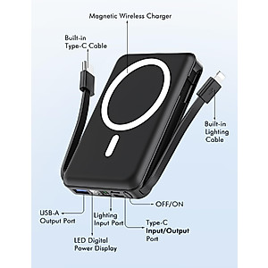 podoru Wireless Portable Charger, 10000mAh Magnetic Power Bank Built-in USB C Lighting Cables 22.5W PD Fast Charging LED Display Mag-Safe Battery Pack for iPhone 15/14/13/12/Mini/Pro/Pro Max - Black