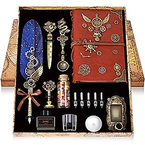AIYNC Quill Pen and Ink Set, Feather Pen Ink Set With Quill Pen, Notebook, 5 Replaceable Nibs, Seal Stamp, Spoon, Wax Beads, White Wax, Ink, Pen Holder, Cup, Envelope,Letter Paper,Envelope Tool(Blue)