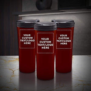 Personalized 16 oz. Asana Travel Mugs with Silicone Seal - 12 Pack - Custom Text, Logo - Red