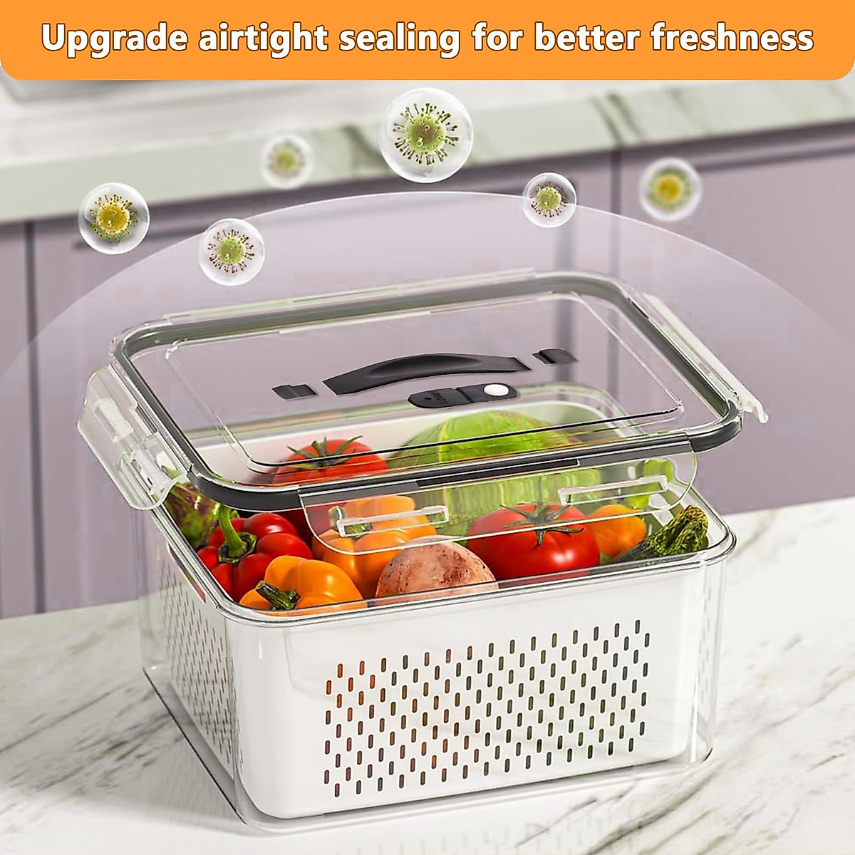 HOMEEE 4 Pack Large Airtight Fridge Food Organizer Containers, Fruit and Vegetable Storage Containers with lids, Portable Outdoor Picnics Food Storage with Removable Colanders(4.15L+3.15L+1.7L+0.8L)