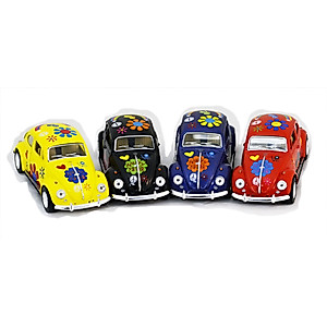 Diecast Cars-Set of 4 Cars: 5 VW Happy Flower Classic Beetle 1/32 Scale, Pull Back n Go Action. by Kinsmart