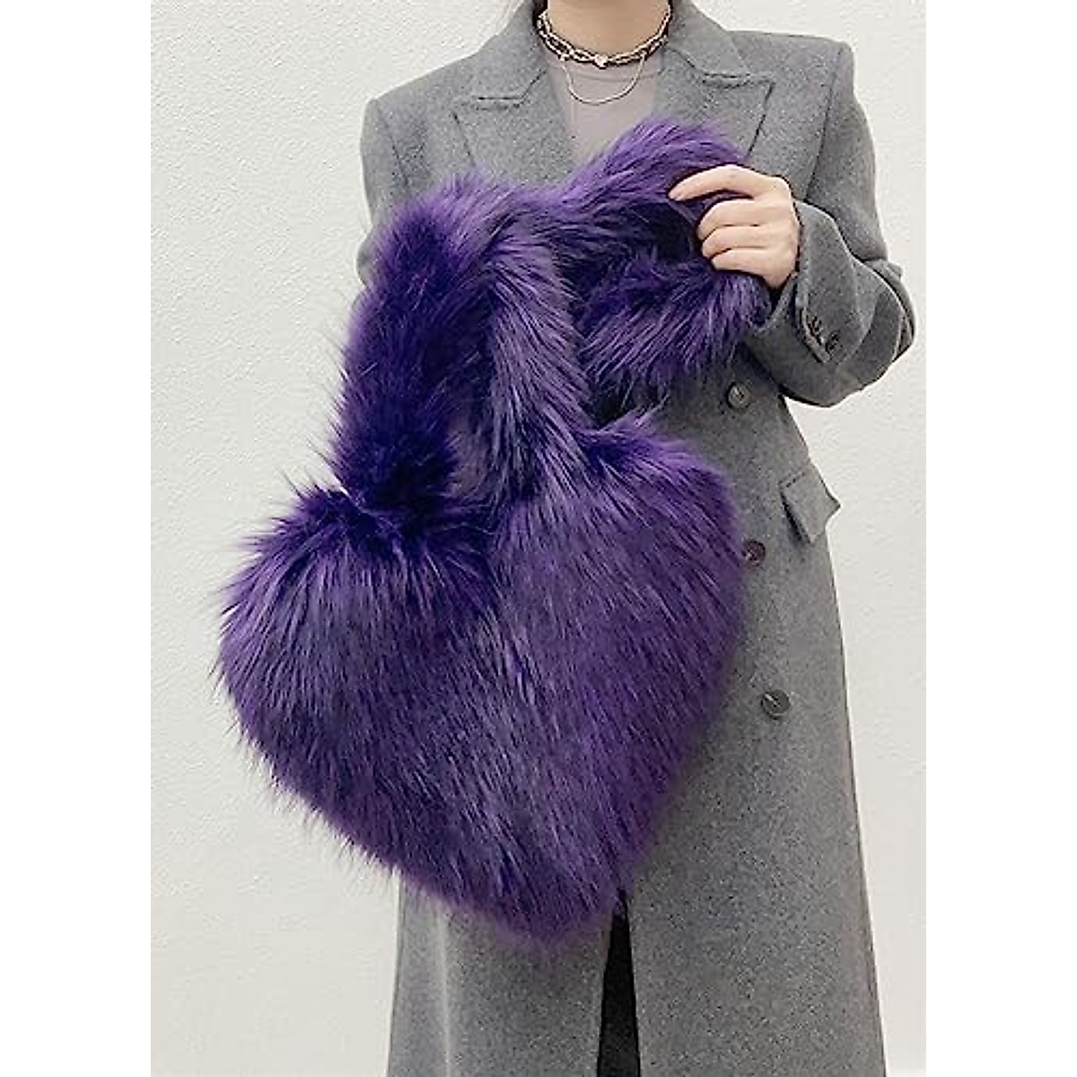 Women's Faux Fur Shoulder Purse Fleece Love Bag Heart Shape Y2k Crossbody Bag Chic Handbag Shoulder Bag