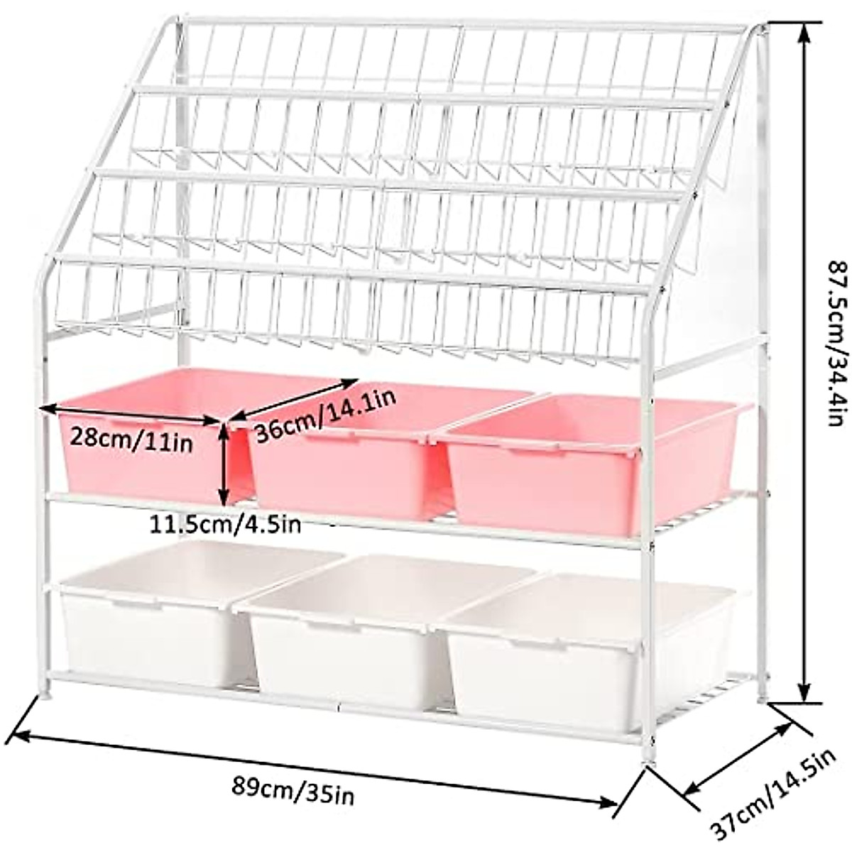 Large Kids Bookshelf With 6 Storage Box,5 Tier Metal Kids Bookcases Children's Toy Storage Rack, 6 Storage Drawer for Books Toys storage, Book Unit Storage Shelf for Playroom, Bedroom, Study Room.