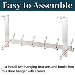 Pumtus Over The Door Hook, 304 Stainless Steel Over Door Hanger, Heavy Duty Coat Rack with 6 Hooks, Easy Install Space Saving Bathroom Organizer, Towel Rack Holder for Robe Hat Clothes Purse