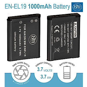BM Premium EN-EL19 Battery and Charger for Nikon Coolpix A300, W100, W150, S100, S3100, S3200, S3300, S3500, S3600, S3700, S4100, S4200, S4300, S5200, S5300, S6400, S6500, S6800, S6900, S7000 Cameras