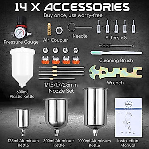 Gyfent Spray Paint Gun Set, HVLP Auto Paint Gun Air Paint Spray Gun with 3 Spray Gun & 1/1.3/1.7/2.5mm Nozzles & 4 Kettles & Pressure Gauge for Car Automotive Furniture DIY House Painting