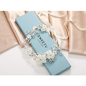 SWEETV Pearl Bridal Headband Sliver Wedding Headpieces for Bride, Crystal Flower Hair Accessories for Women Girls