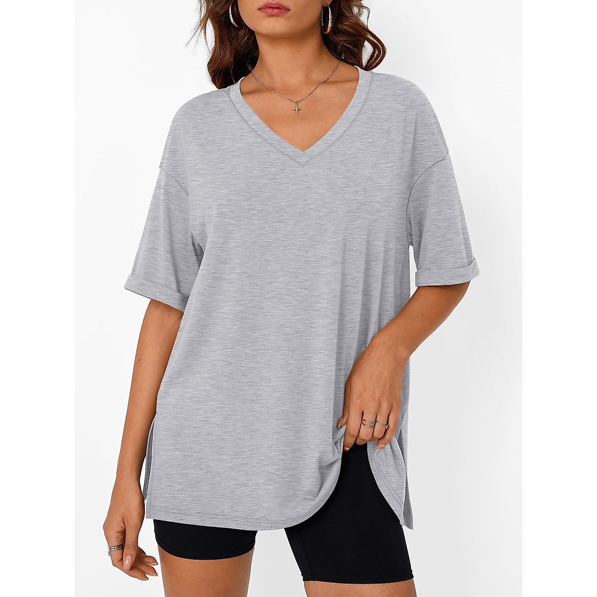 Trendy Queen Oversized Tshirts for Women Workout Plus Size Tops V Neck Short Sleeve Tunic Side Slit Outing T Shirts 2025 Spring Summer Casual Clothes Loose Fit Basic Tees Beach Vacation Grey XXL