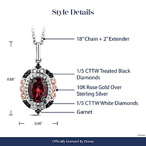 Jewelili Enchanted Disney Fine Jewelry Sterling Silver and 10K Rose Gold 8x6 MM Oval Shape Red Garnet with 1/5 Cttw Black and White Natural Round Diamonds Evil Queen Pendant Necklace 18" Cable Chain