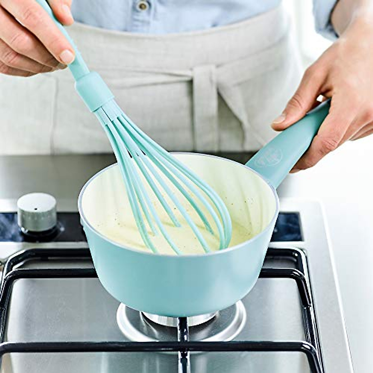 GreenLife Cooking Tools and Utensils, 5 Piece Nylon and Silicone Baking Set with Spatulas Wisk and Brush, Dishwasher Safe, Turquoise