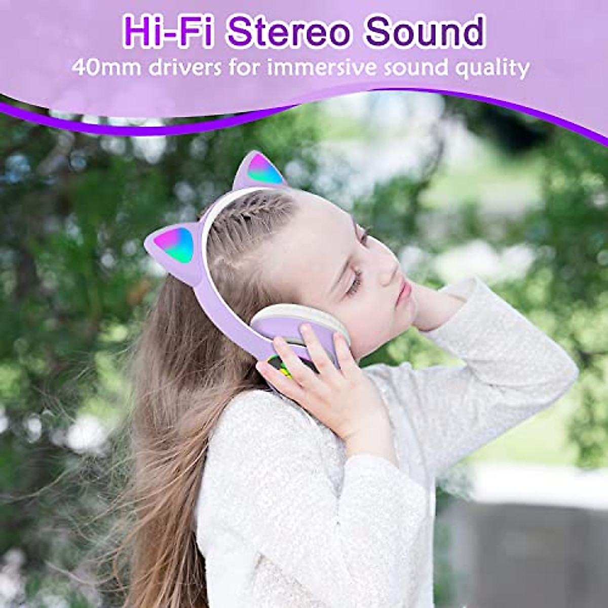 TOKANI Wireless Over-Ear Headphones with Microphone, Bluetooth Cat Ear Headphones for Kids Teens Adults Girls Women (Purple)