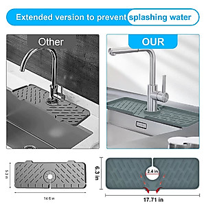 Silicone Faucet Splash Guard, 18” x 6.3” Faucet Water Catcher Mat, Longer Silicone Sink Mat, Faucet Handle Drip Catcher Tray Mat for Kitchen Countertop and Bathroom Sink Protectors (Dark grey)