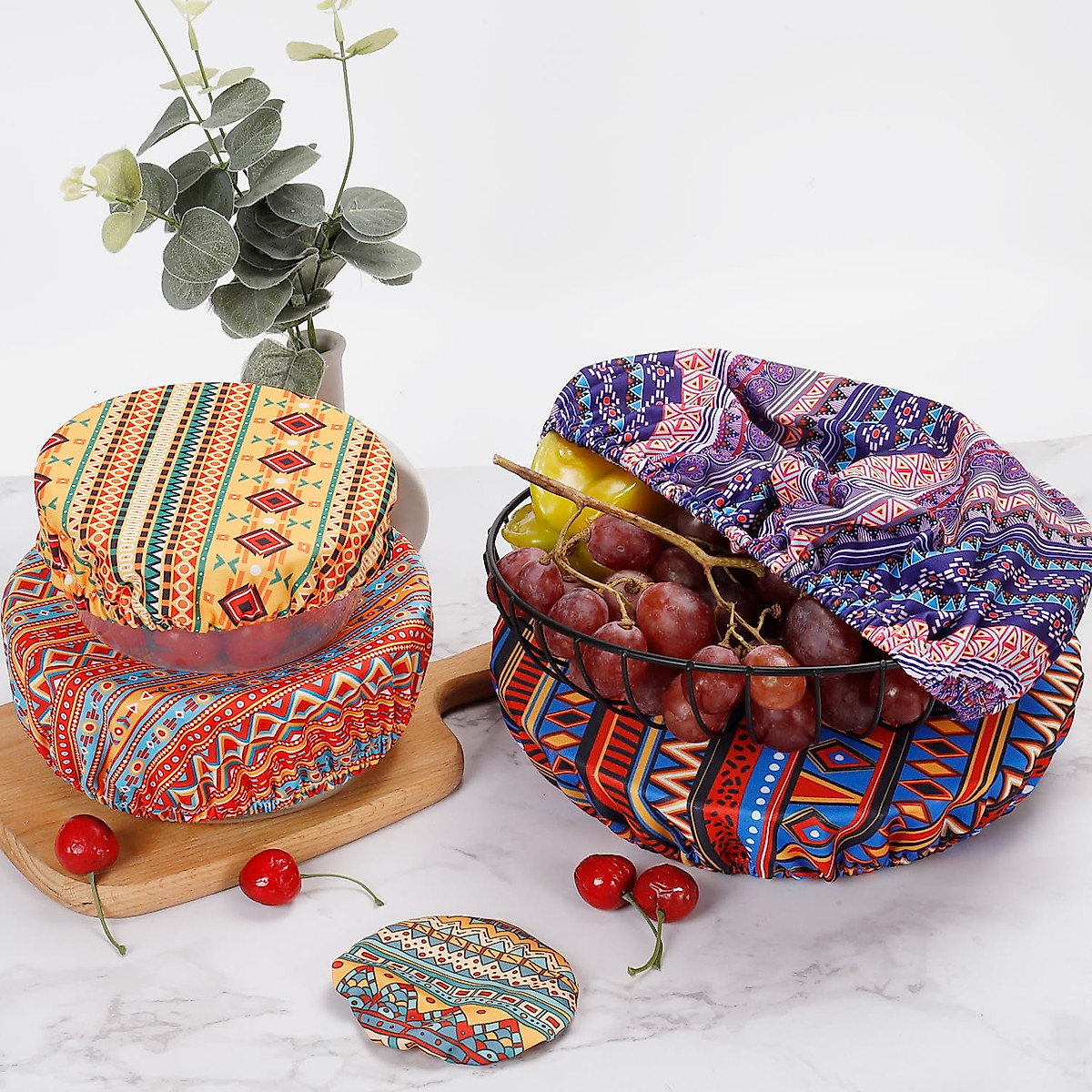 10Pcs Reusable Bowl Covers In 5 Size, Stretch Cloth Fabric Dish Cover Kitchen Storage Containers Lids for Fruits Food Leftover Dough Bread Proofing (Geometry style)