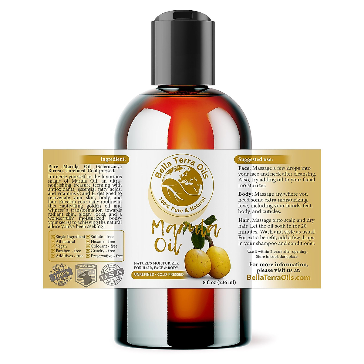 Bella Terra Oils - Marula Oil for Face 8 oz - Cold-Pressed Essence, A Symphony of Essential Fatty Acids, for an Enriched Skin Experience