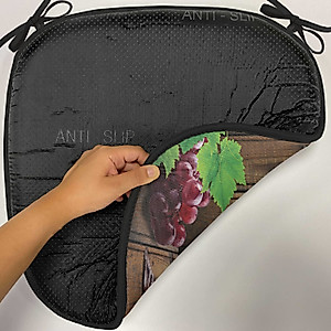 Lunarable Winery Chair Cushion Pads Set of 4, Wine Glasses and Grapes Rustic Wood Planks Alcoholic Drink Gourmet Taste, Anti-Slip Seat Padding for Kitchen & Patio, 16"x16", Brown Green Burgundy