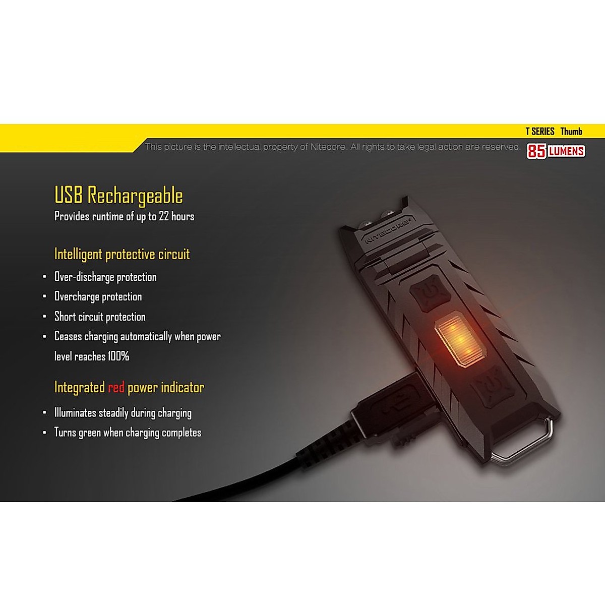 Nitecore Thumb 85 Lumens USB Rechargeable White & Red LED Keychain Light - Tiltable Work Light with Clip and a LumenTac USB Charging Cable