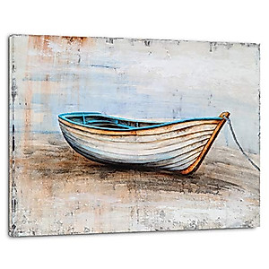 SYGALLERIER Coastal Canvas Wall Art Hand Painted Boat Still Life Painting Modern Nautical Pictures Aesthetic Artwork for Living Room Bedroom Bathroom Decor