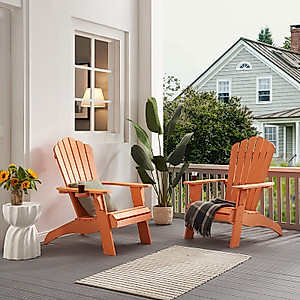 Psilvam Adirondack Chair, Oversized Poly Lumber Fire Pit Chair with Cup Holder, 350Lbs Support Patio Chairs for Garden, Weather Resistant Outdoors Seating, Relaxing Gift for Father & Mother (Orange)